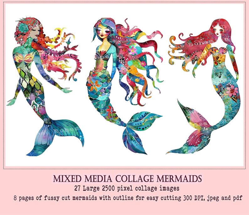 Painterly Artistic Mermaid Paperdolls, Mixed Media Collaged Paper Doll ...