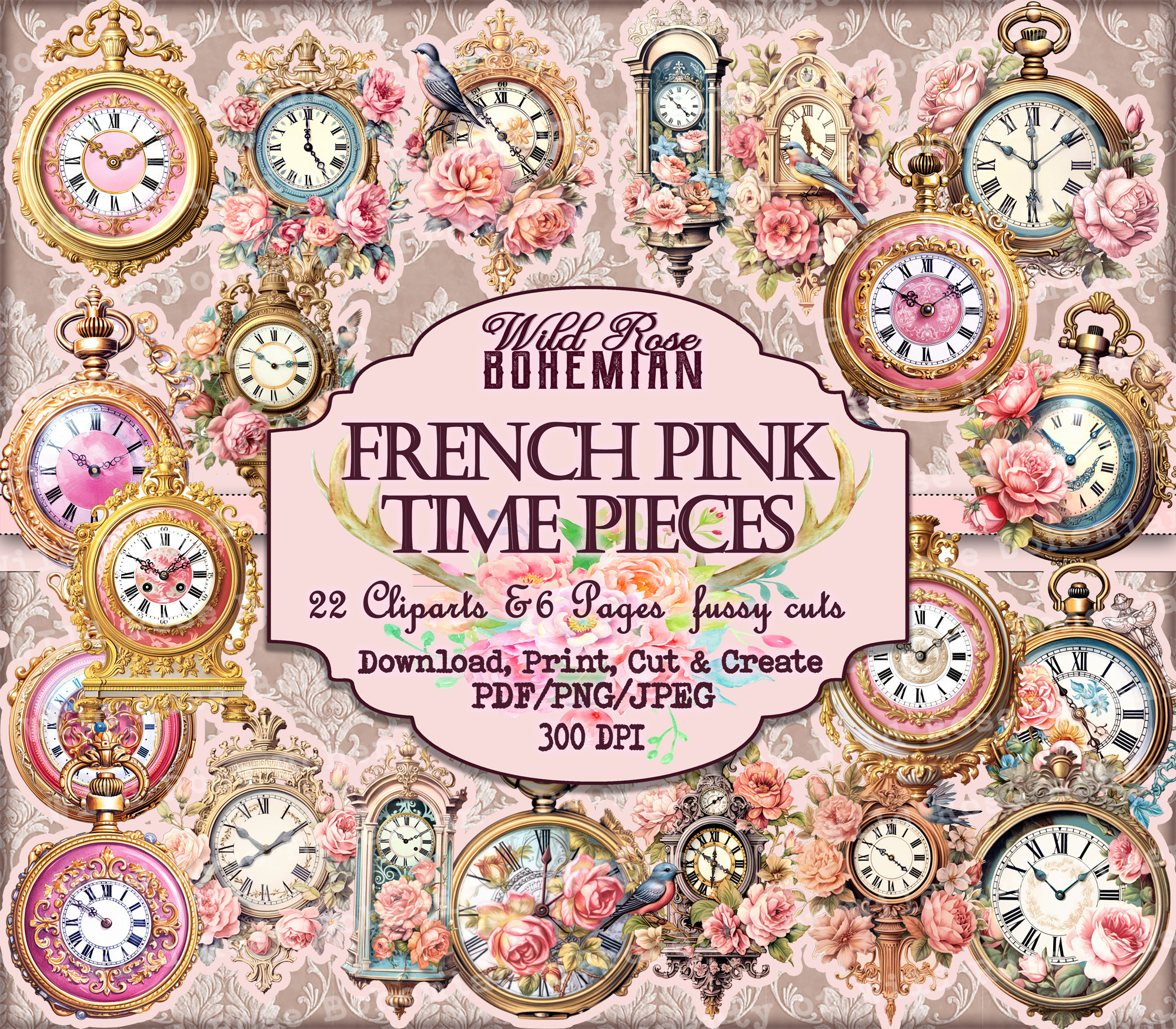 Floral Pocket Watch Bundle/ Vintage Watch Face Png,/ Time Piece Fussy ...