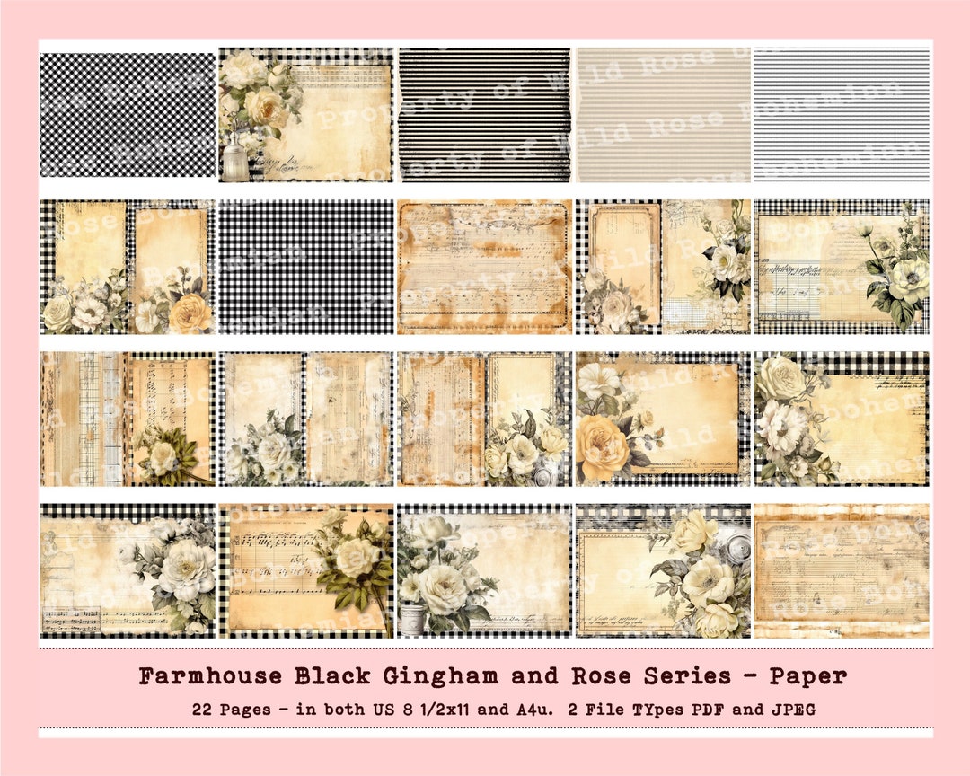 Farm Paper Digital, Farmhouse Black Gingham and Rose Digital Paper ...