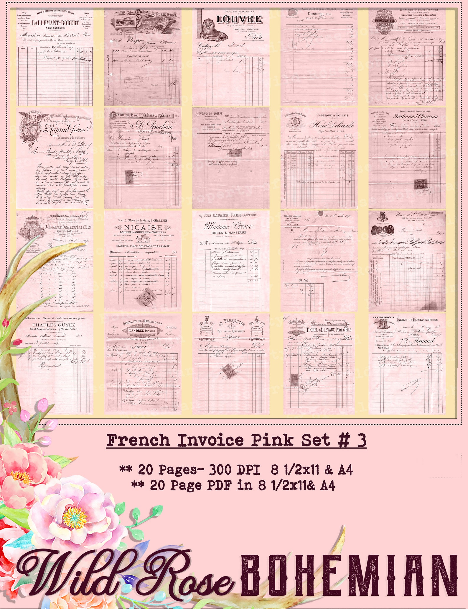 Pink French Receipt Ephemera: Vintage Printable Paper (PDF) - Etsy