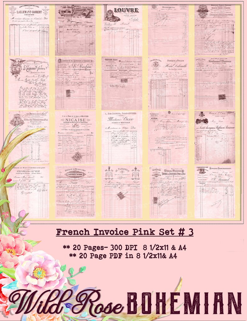Pink French Receipt Ephemera: Vintage Printable Paper (PDF) - Etsy