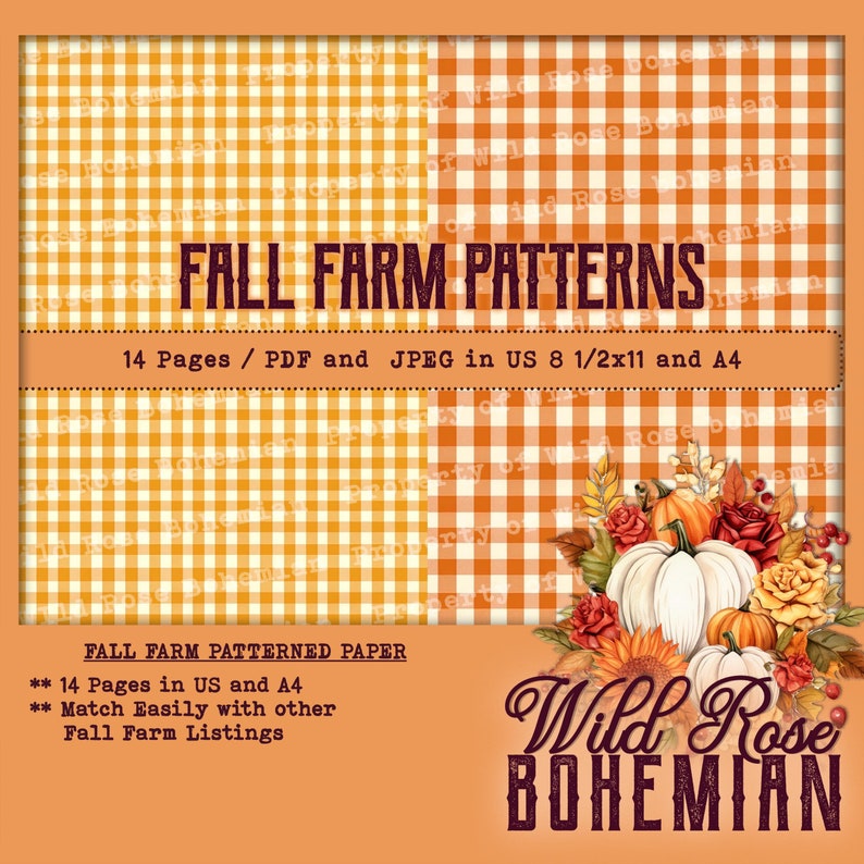 Gingham and Fall Farm Harvest Digital Paper, Fall Farm Harvest Pages ...