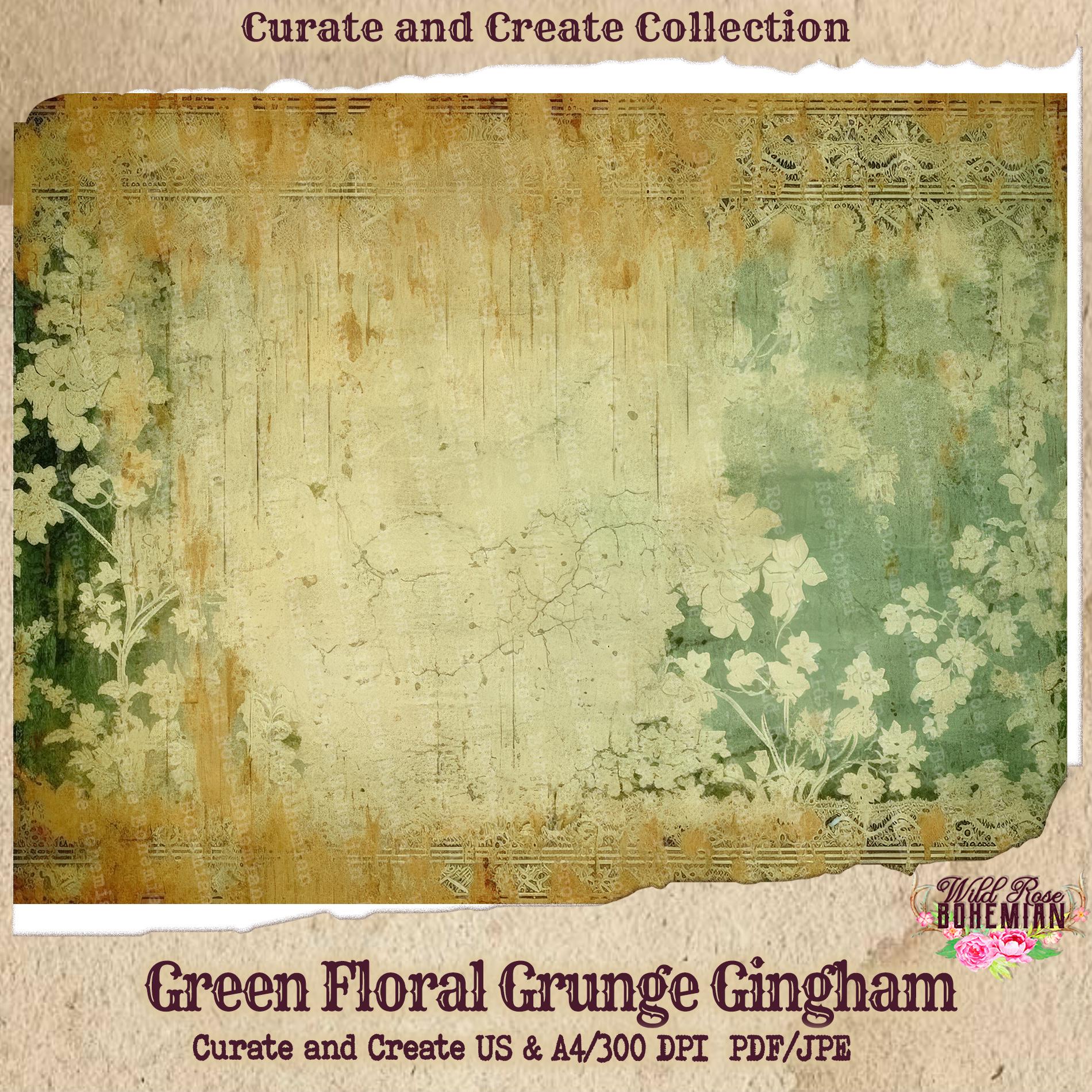 Green Floral Grunge Gingham Journal Paper, Green Check Scrapbookpaper ...