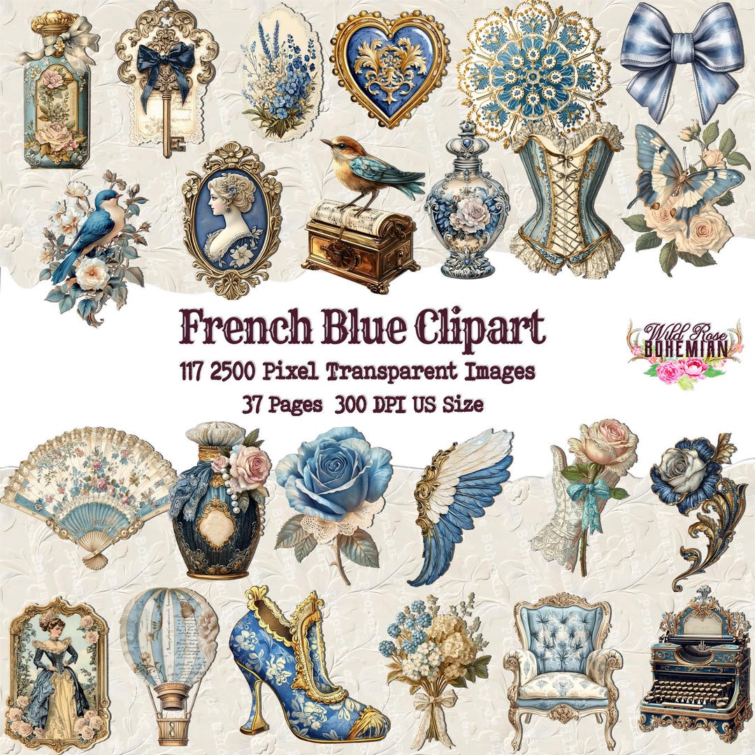 French Blue Clipart: Rococo Journal Stickers (digital Download) - Etsy