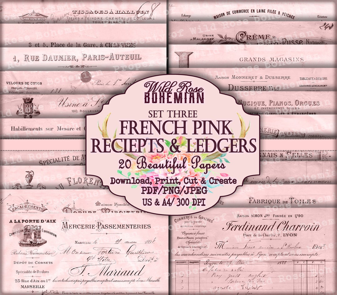 Pink French Invoices Digital Printable, Printable French Ephemera ...