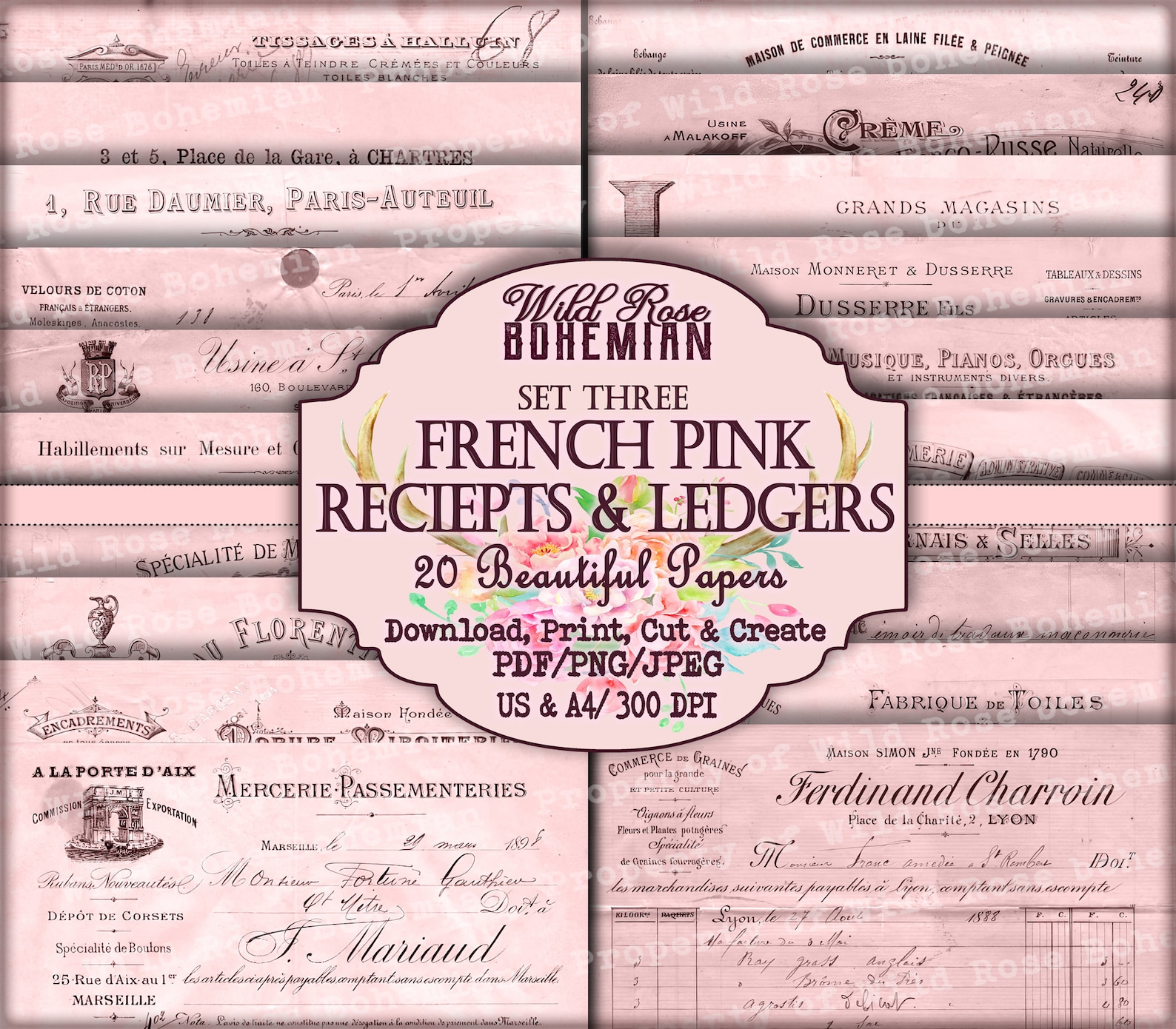 Pink French Receipt Ephemera: Vintage Printable Paper (PDF) - Etsy
