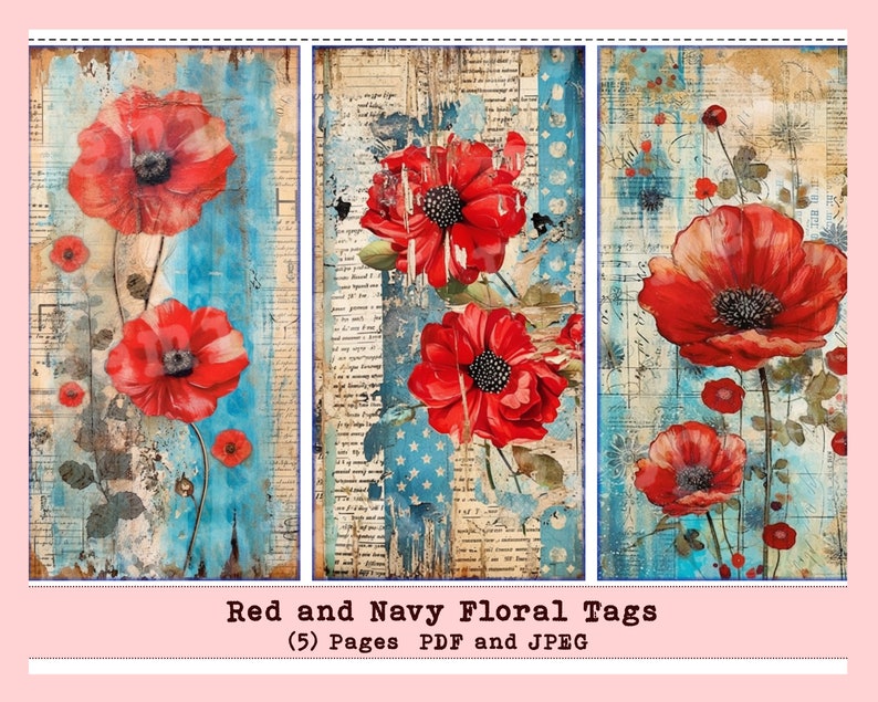 Poppy Hang Tag Kit, Poppy Ephemera, Poppy Printable, Red and Blue ...