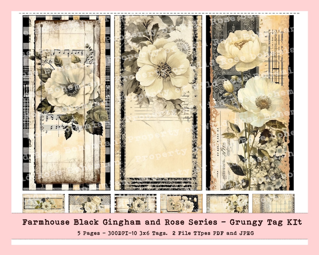 Farmhouse Black Gingham and Rose Hang Tags Cards, Farmhouse Printable ...