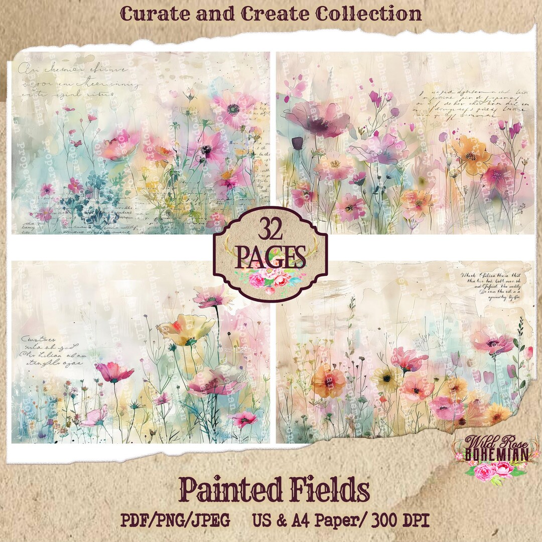 Wildflower Fields Digital Paper Pack: Vintage Floral Scrapbook Pages ...