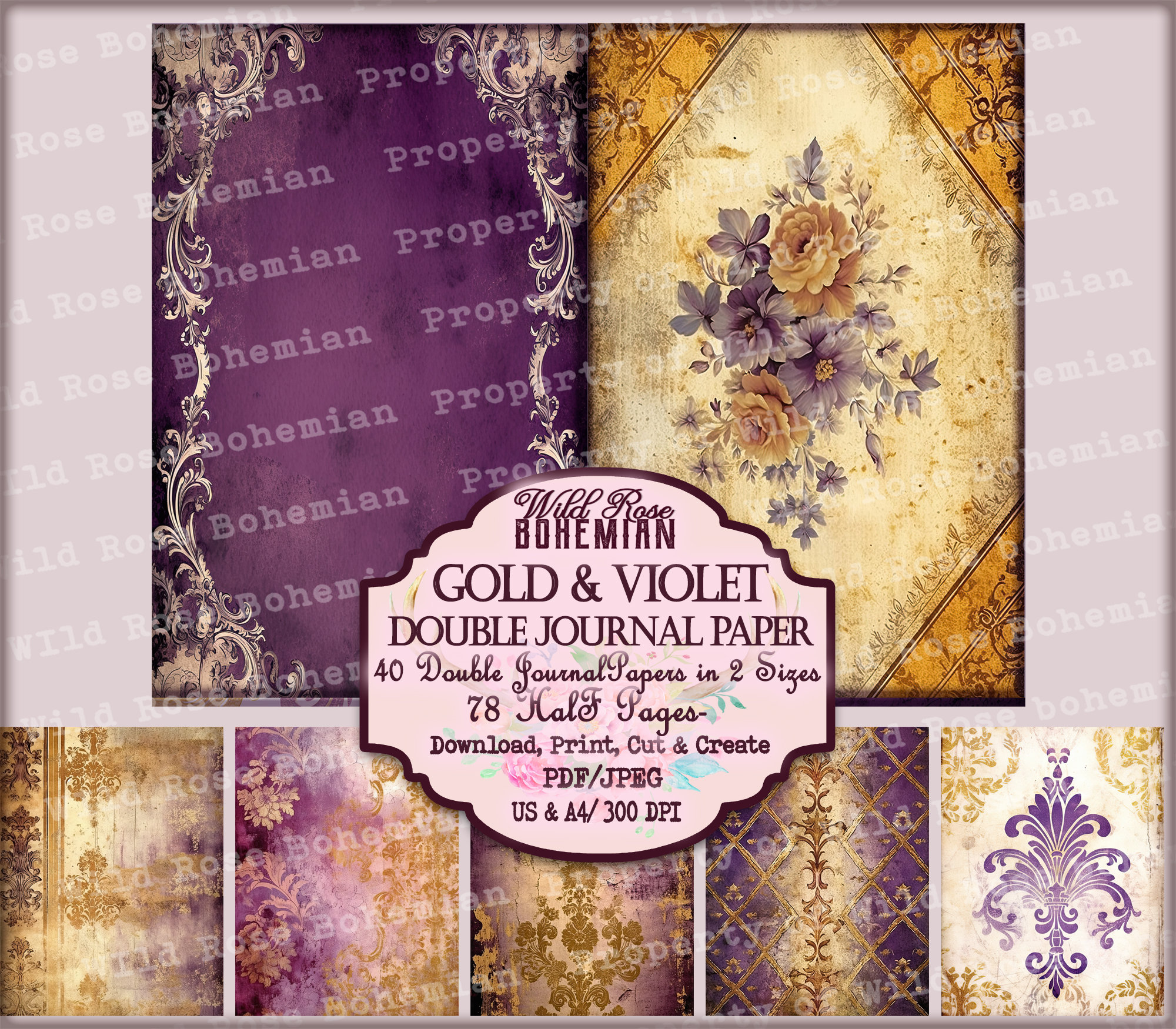 Purple and Gold Digital Printable Paper, Damask Violette and Gold ...