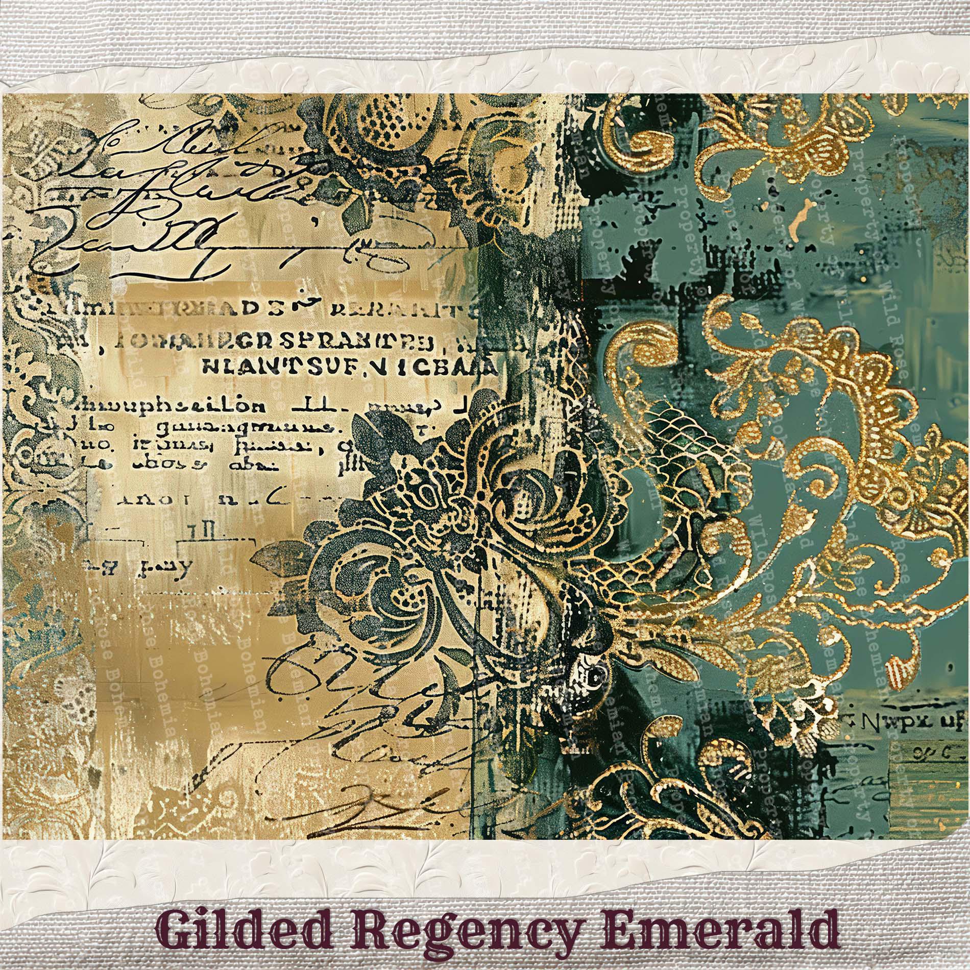Baroque Floral Scrapbook Paper, Gilded Emerald Green Ornamental Regency ...