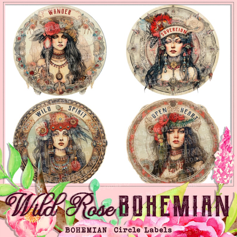 Bohemian Circle Labels, Vintage Labels Boho Girls, Round Labels, Round ...