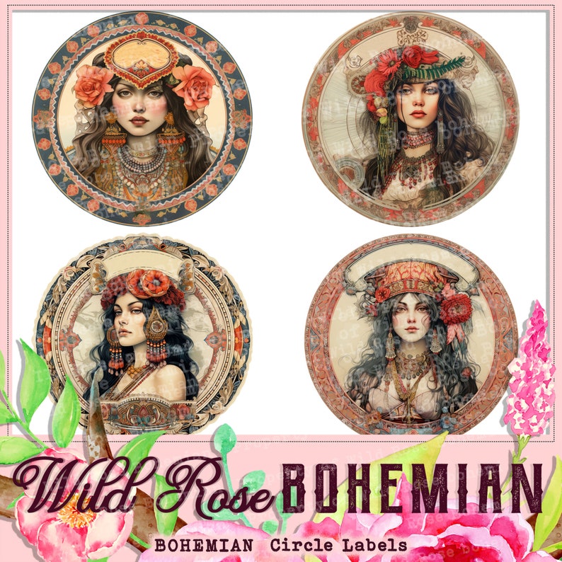 Bohemian Circle Labels, Vintage Labels Boho Girls, Round Labels, Round ...