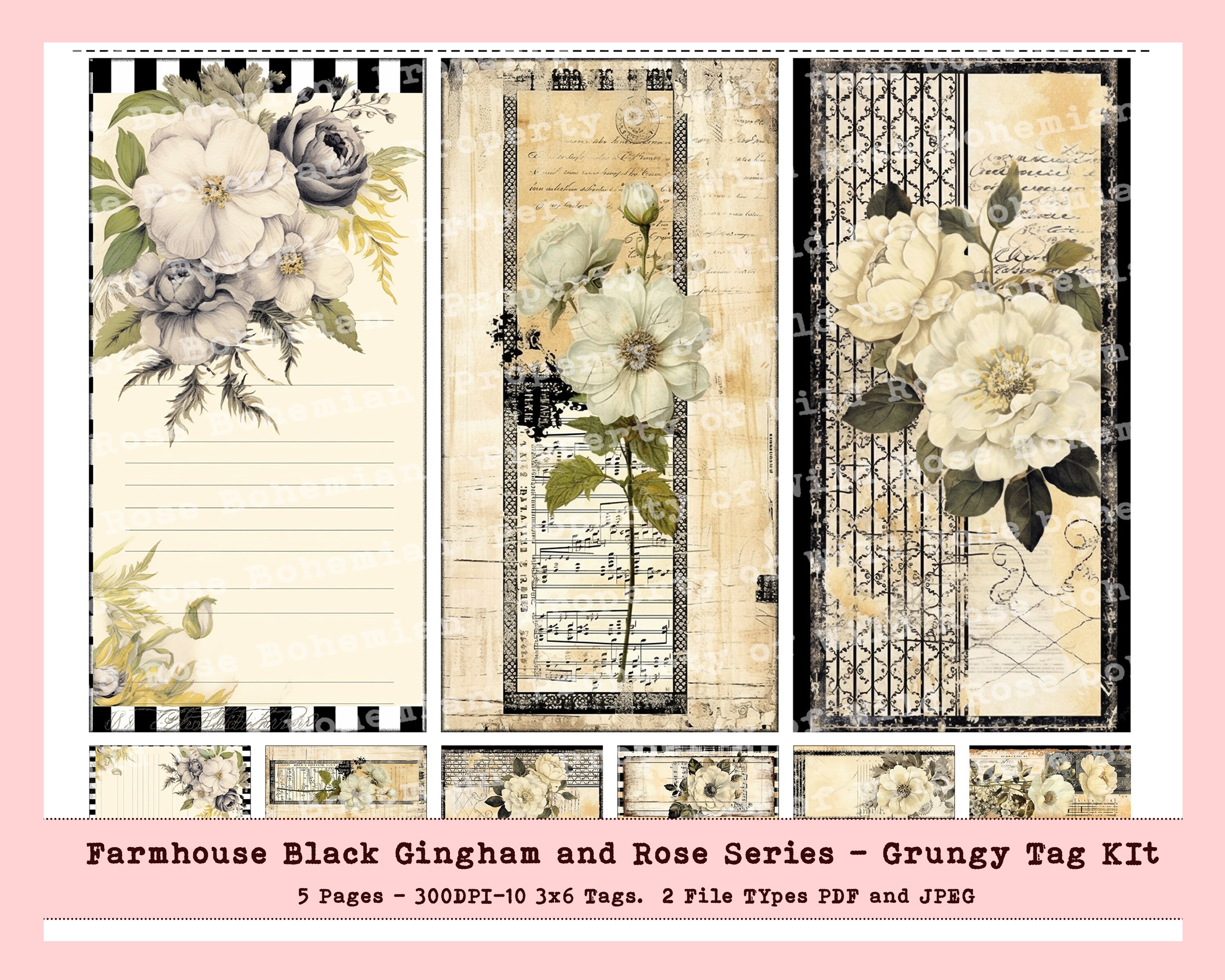 Farmhouse Black Gingham and Rose Hang Tags Cards, Farmhouse Printable ...