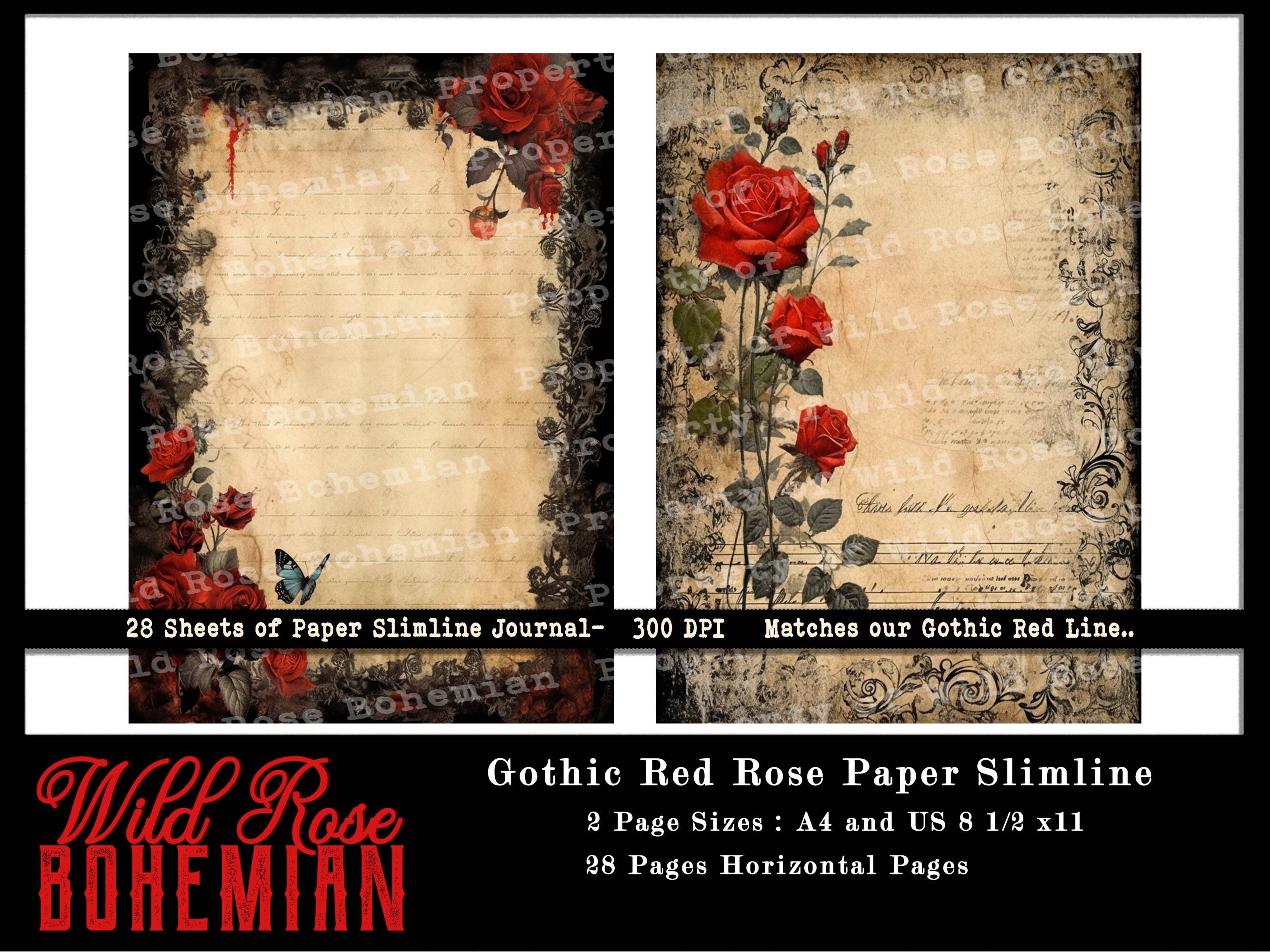Gothic Red Rose Slimline Paper, Gothic Red Rose Journal Slim, Red and ...