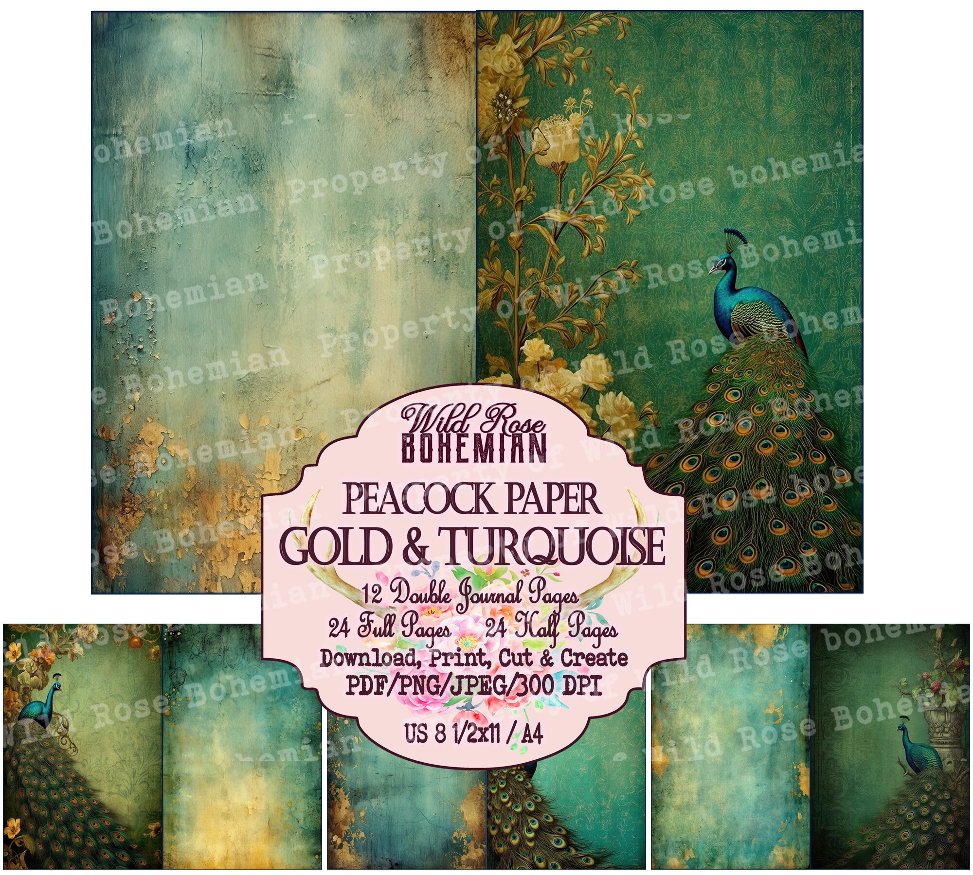 Turquoise and Gold Peacock Digital Paper, Art Deco Paper, Frames Art ...