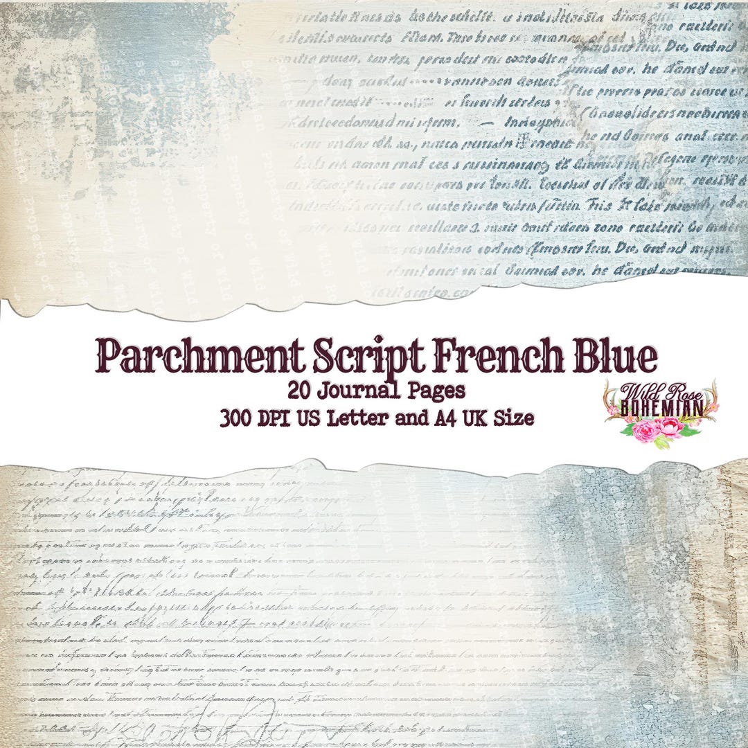 French Blue Parchment Script Paper: Vintage Journal Pages (digital ...