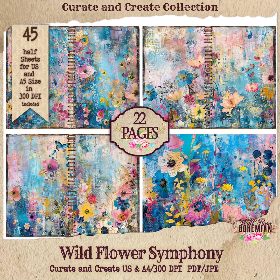 Wildflower Symphony Digital Paper Pack | A4 & US Letter Vintage Floral ...