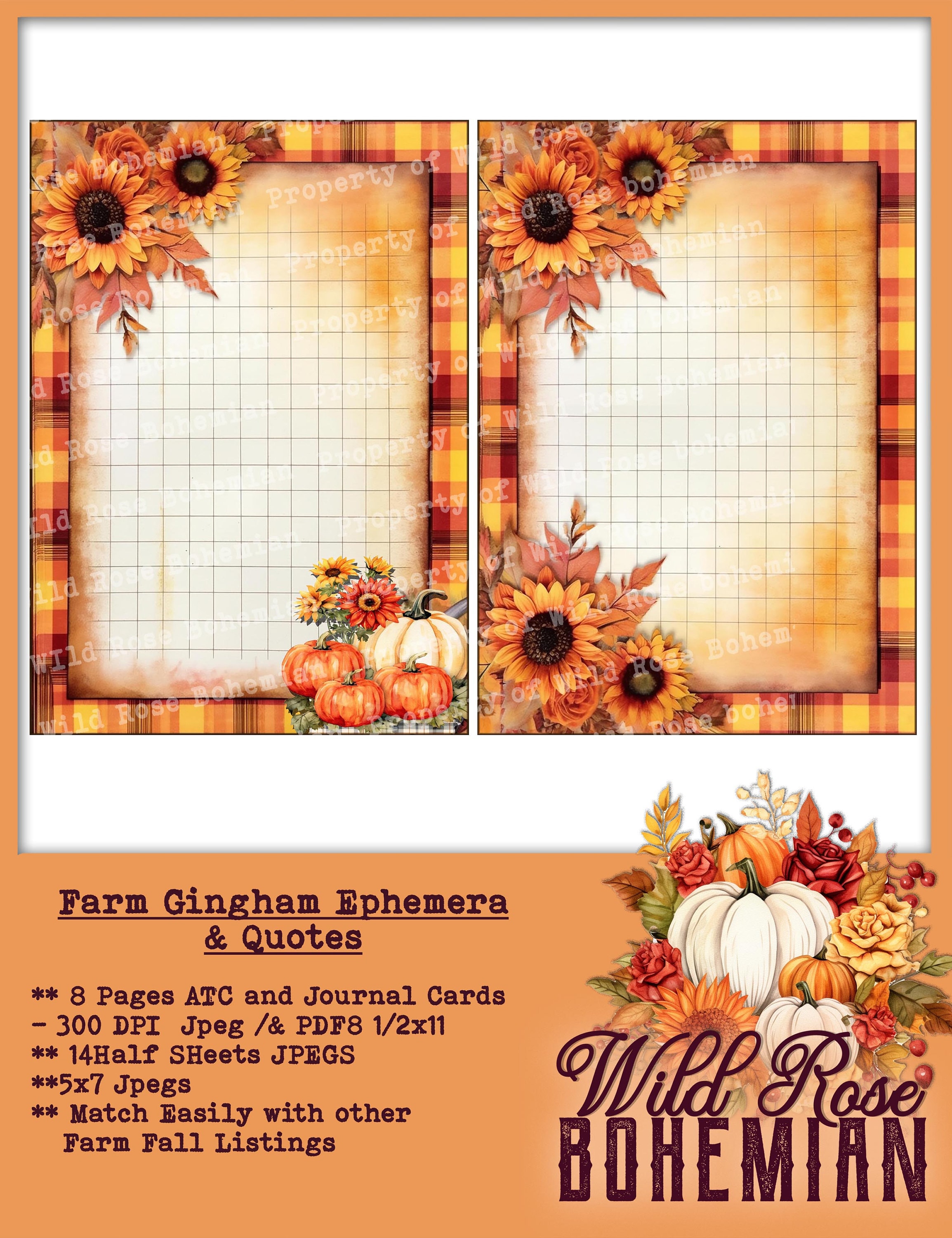 Farm Gingham Floral Paper and Ephemera, Farm Gingham Clipart, Autumn ...