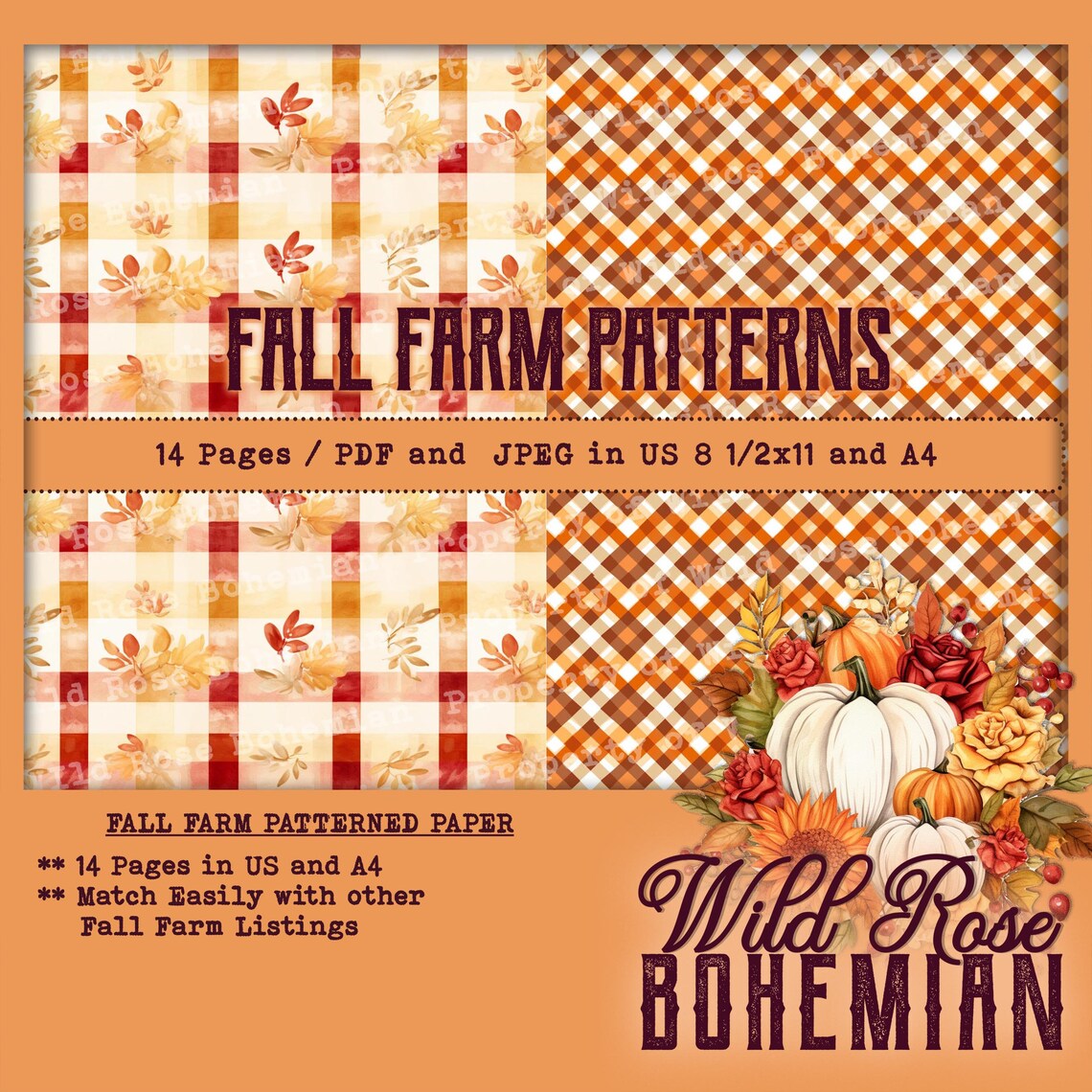 Gingham and Fall Farm Harvest Digital Paper, Fall Farm Harvest Pages ...