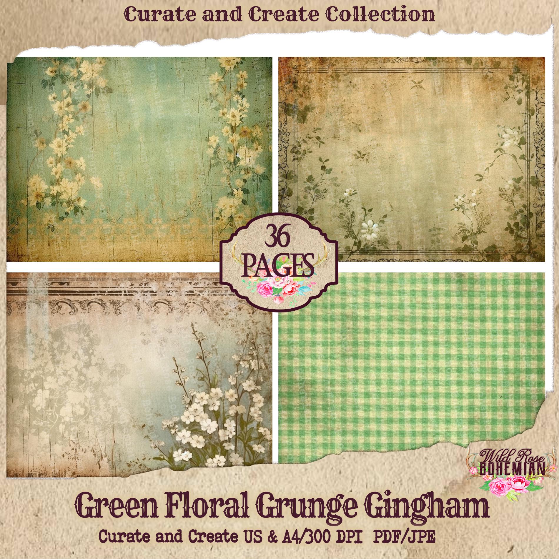 Green Floral Grunge Gingham Journal Paper, Green Check Scrapbookpaper ...