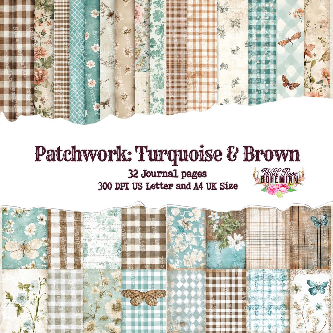 Patchwork Gingham Floral Digital Paper: Turquoise & Brown (digital ...