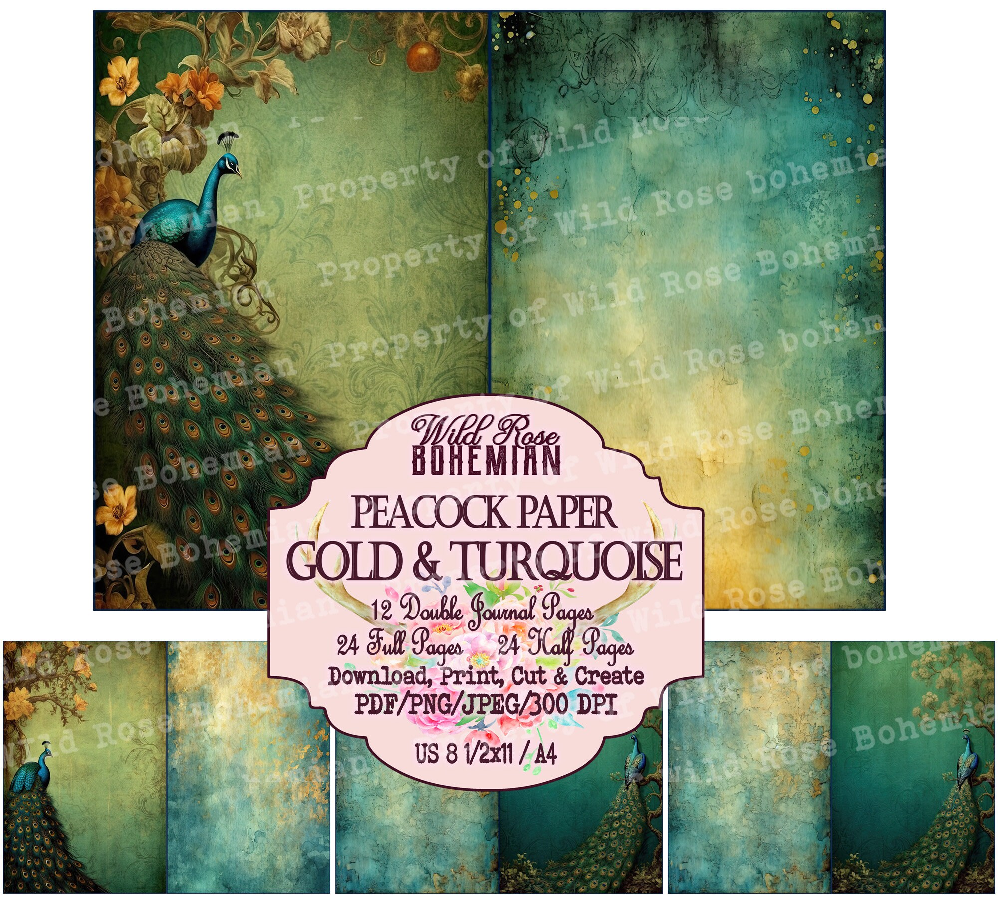Turquoise and Gold Peacock Digital Paper, Art Deco Paper, Frames Art ...