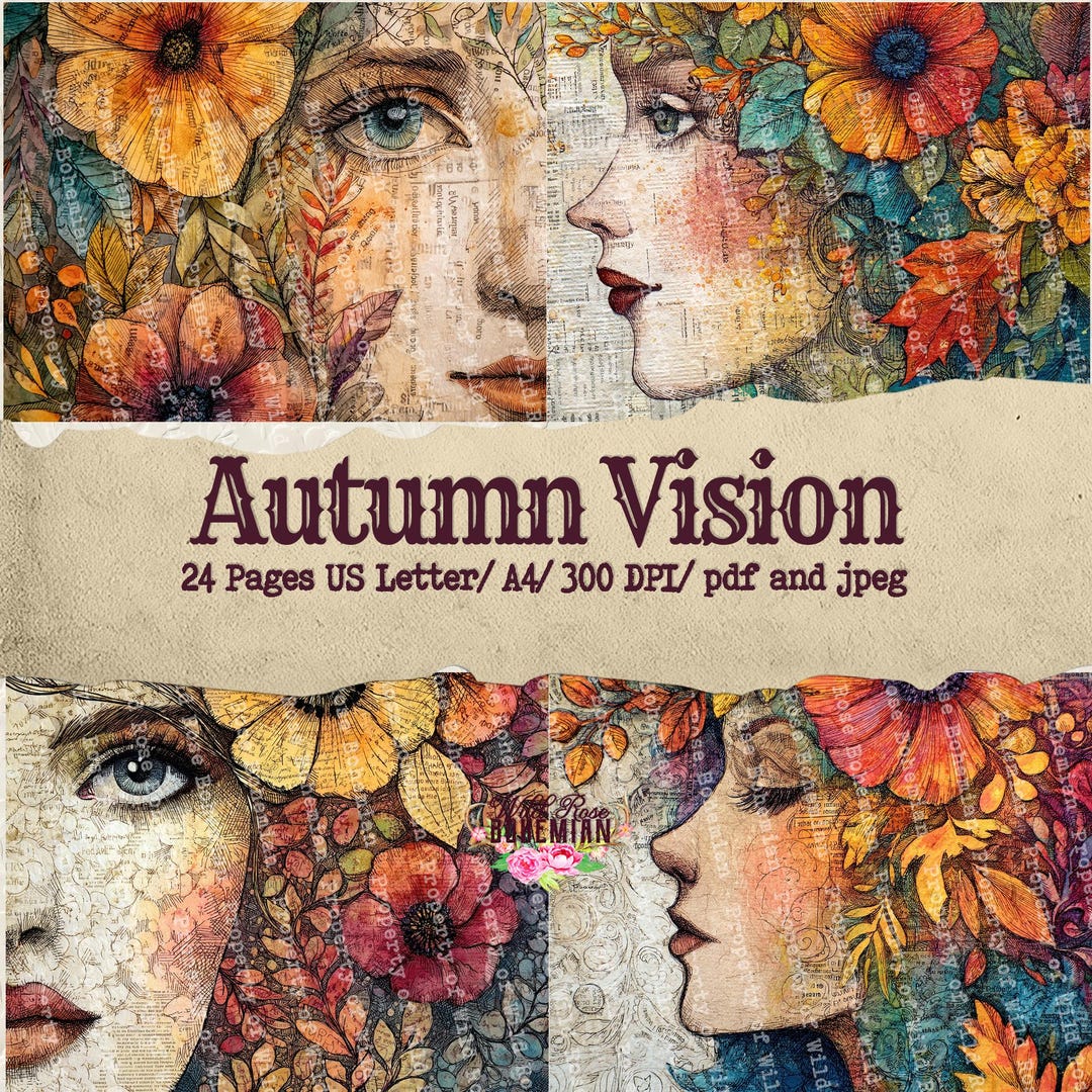 Autumn Vision Junk Journal Paper: Watercolor Florals, Vintage Text ...