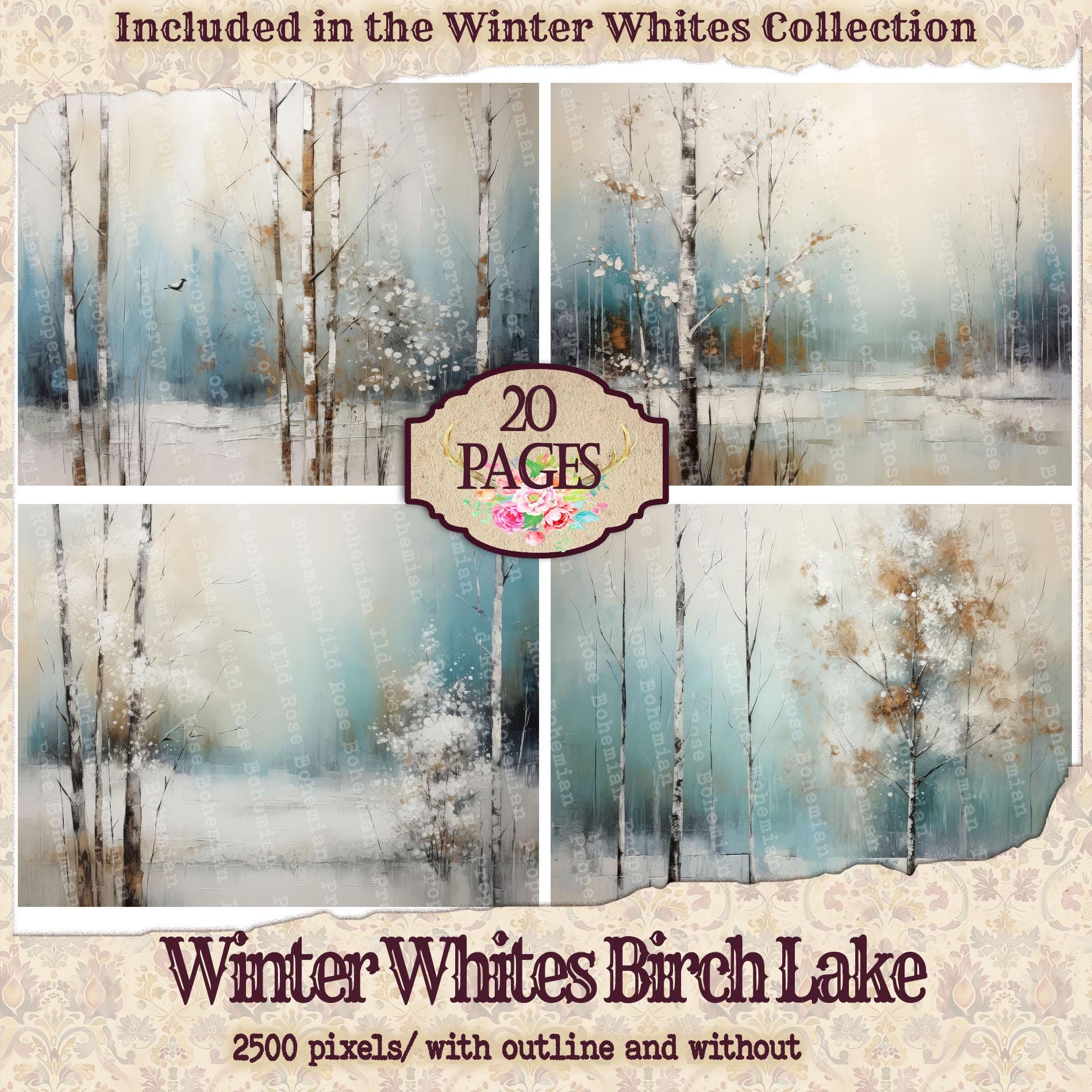 Winter Birch Lake Junk Journal Paper, Winter Scene, Forest Scene ...