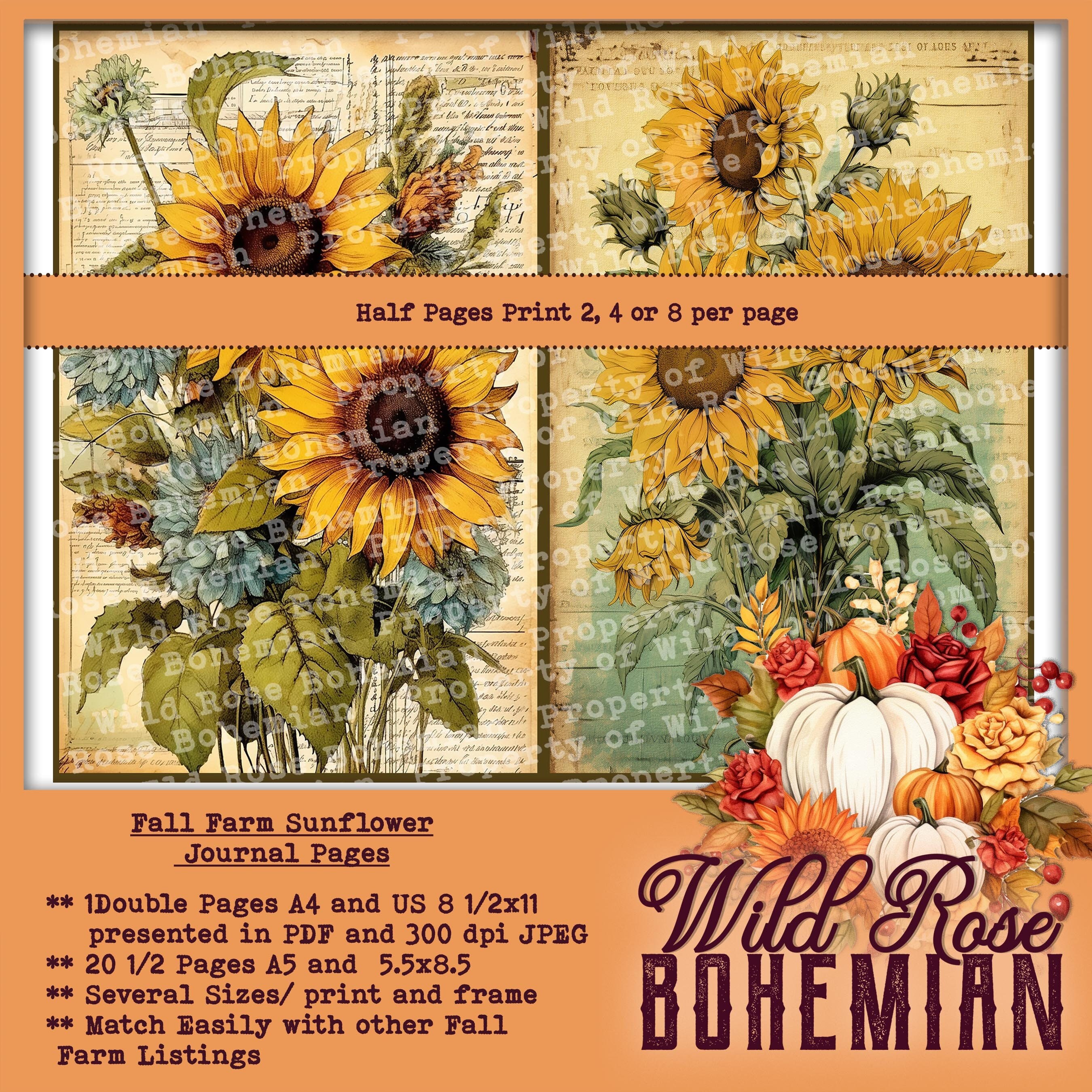 Sunflower Digital Paper Fall Sunflower Journal Pages Junk - Etsy