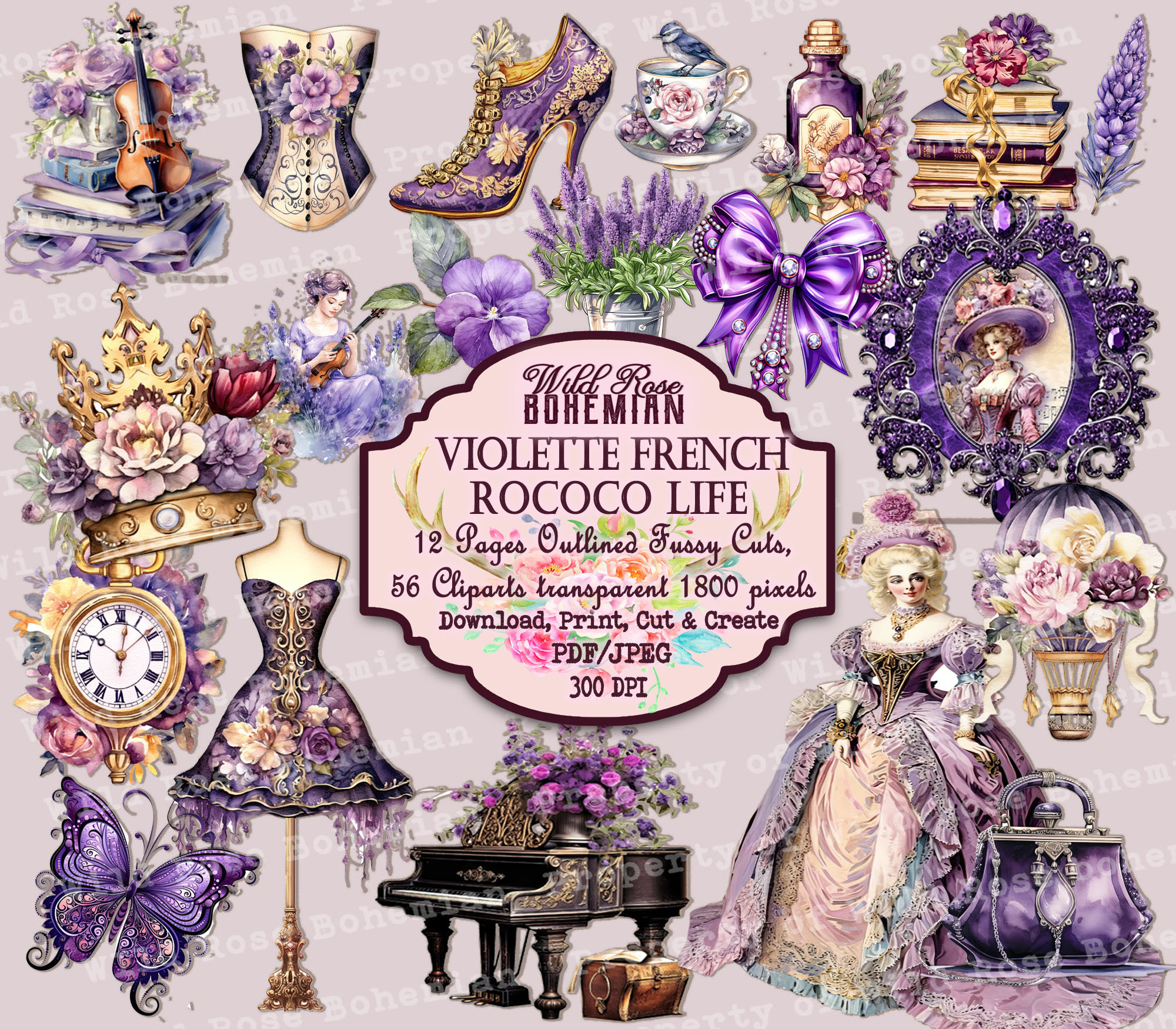 Purple Rococo Clipart: Marie Antoinette Pngs, Fussy Cuts (digital ...