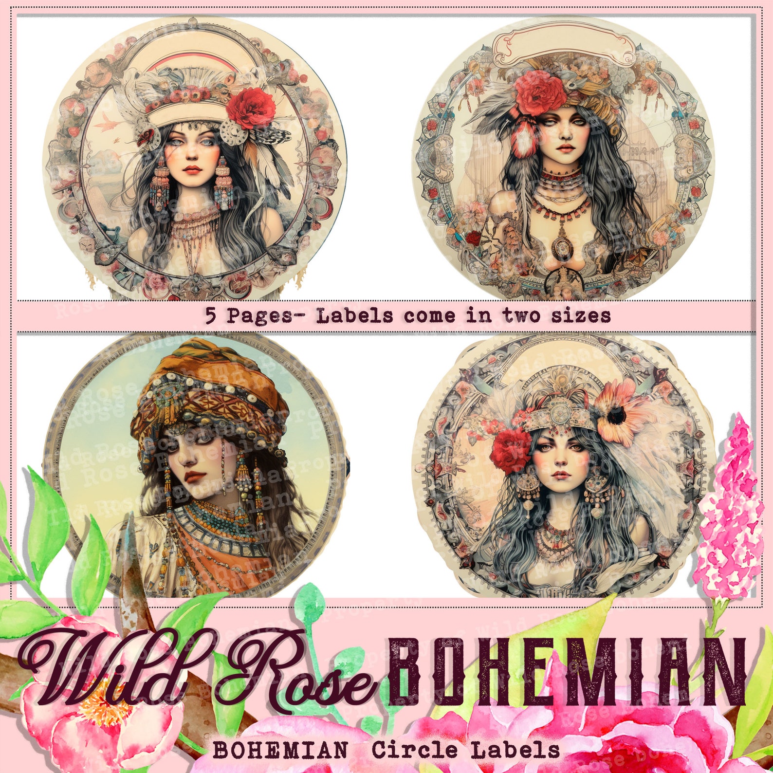 Bohemian Circle Labels, Vintage Labels Boho Girls, Round Labels, Round ...