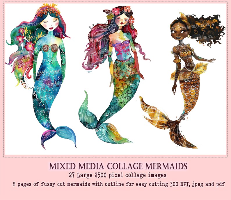 Painterly Artistic Mermaid Paperdolls, Mixed Media Collaged Paper Doll ...