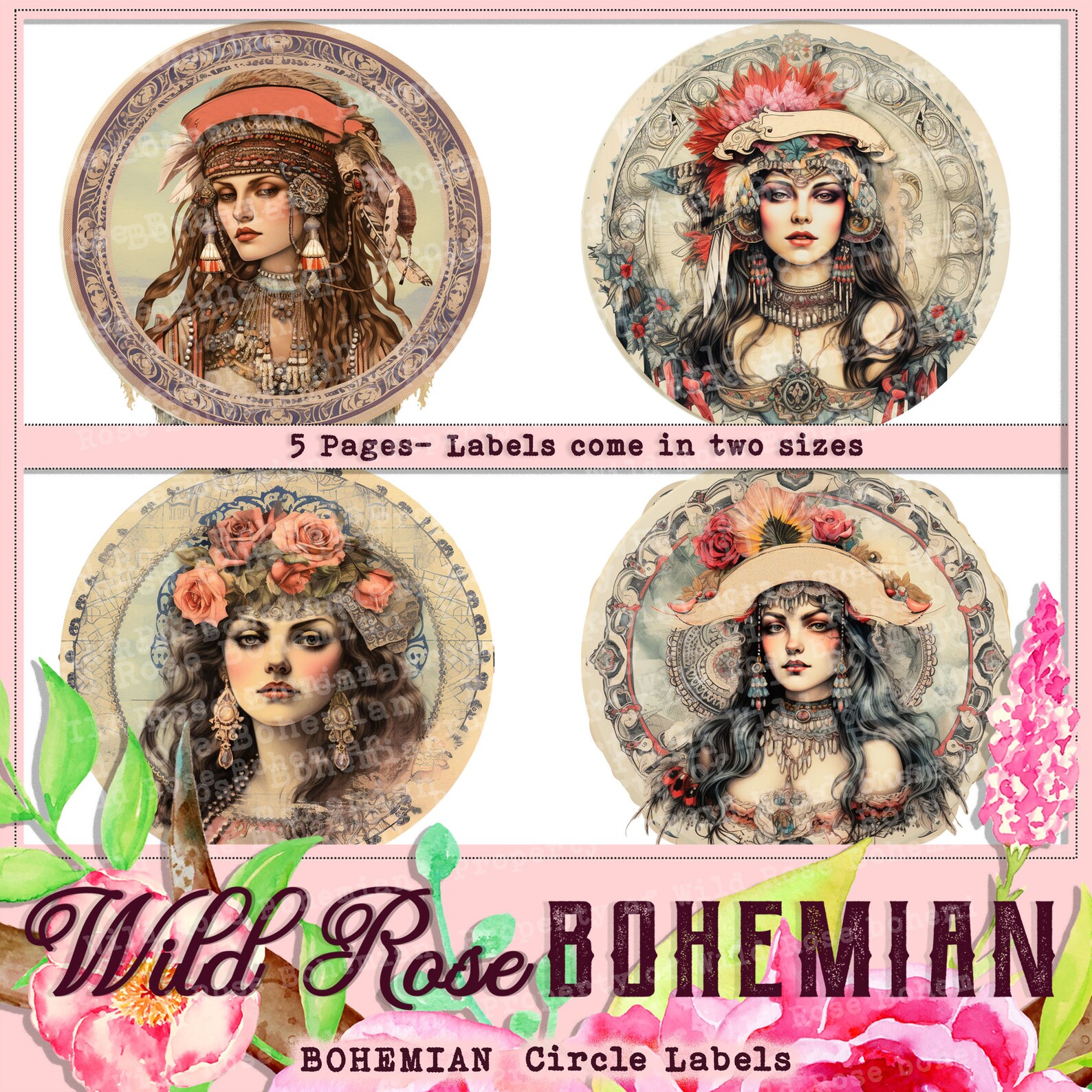 Bohemian Circle Labels, Vintage Labels Boho Girls, Round Labels, Round ...