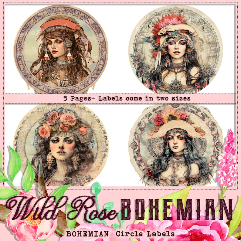 Bohemian Circle Labels, Vintage Labels Boho Girls, Round Labels, Round ...