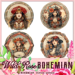 Bohemian Circle Labels, Vintage Labels Boho Girls, Round Labels, Round ...