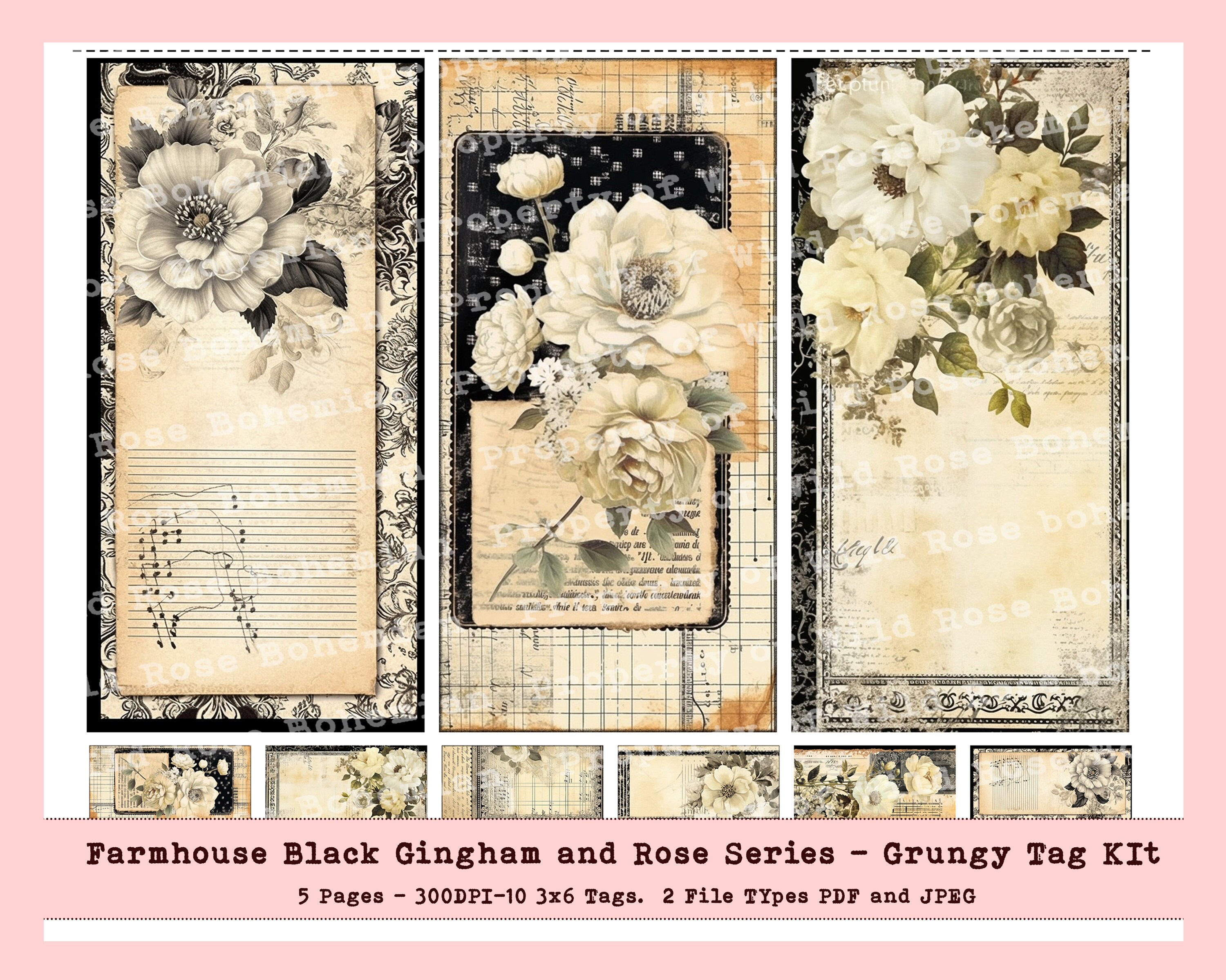 Farmhouse Black Gingham and Rose Hang Tags Cards, Farmhouse Printable ...