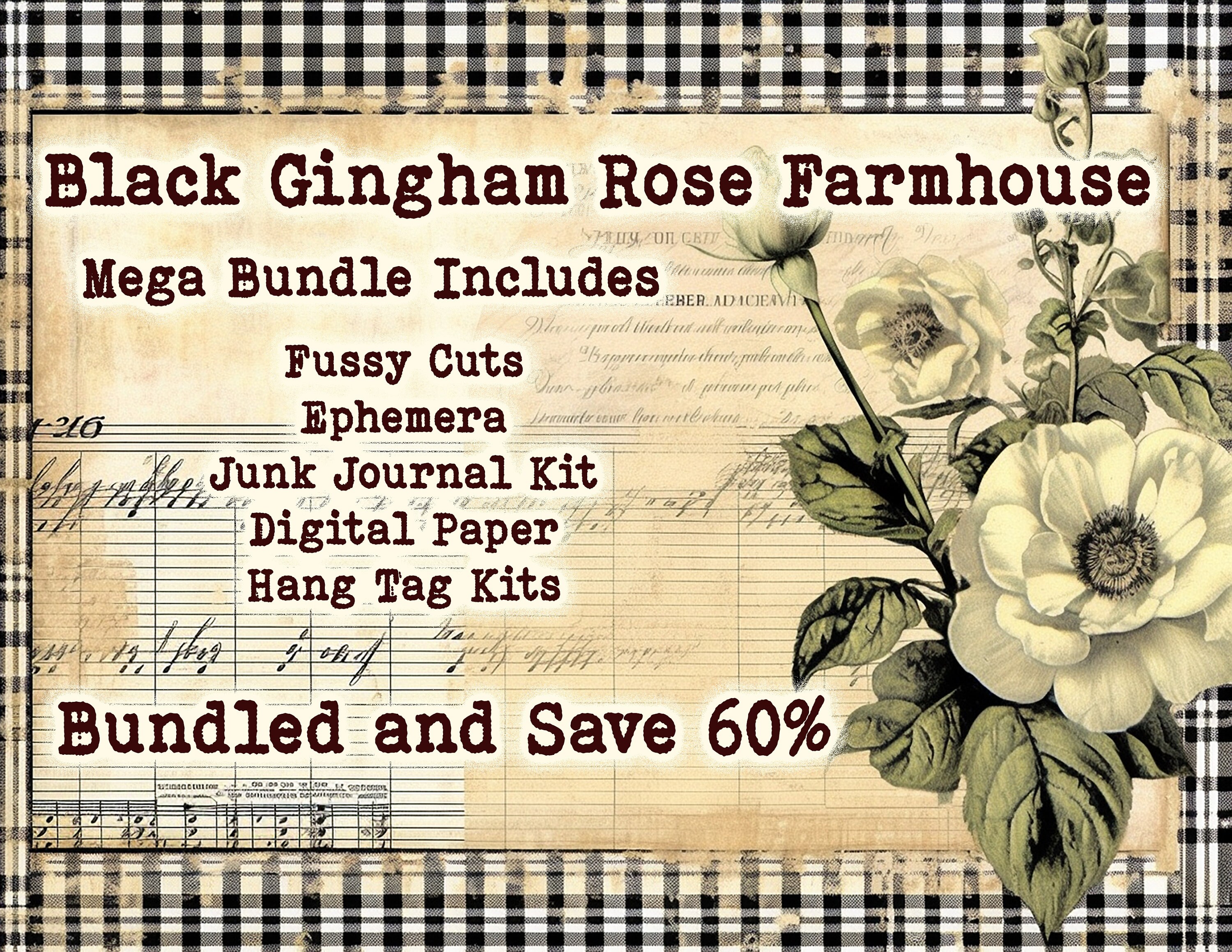 Farmhouse Black Gingham and Rose Hang Tags Cards, Farmhouse Printable ...