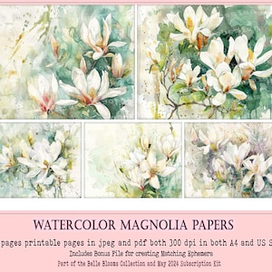 Watercolor Magnolia Paper: Green & Cream Floral Printable (digital ...