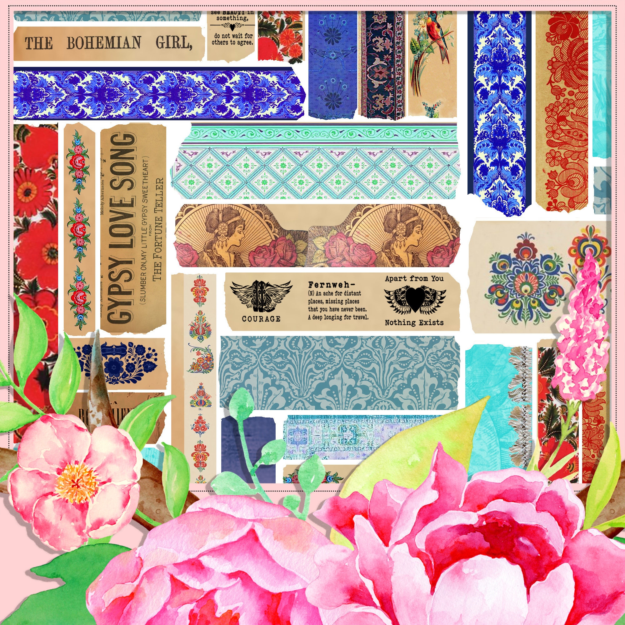 Printable Washi Tape, Bohemian Washi Tape, Gypsy Washi Tape, Junk ...