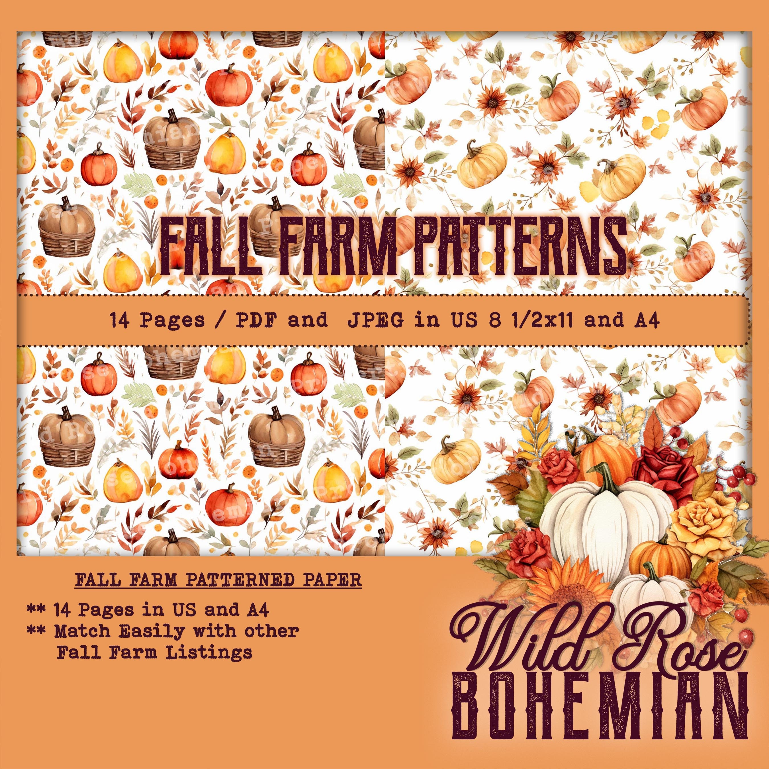 Gingham and Fall Farm Harvest Digital Paper, Fall Farm Harvest Pages ...