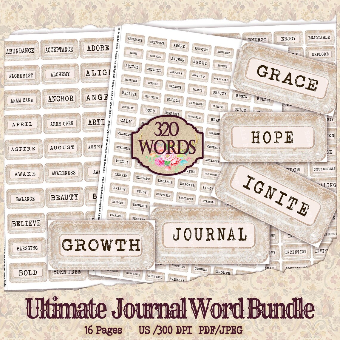 320 Vintage Word Sentiments Junk Journal Printable Sentiments, Collage ...