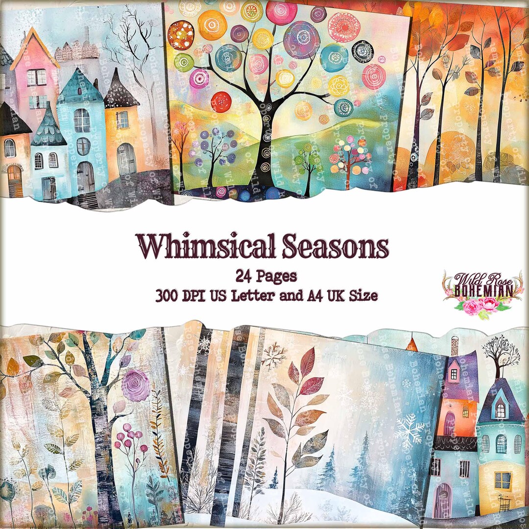 Whimsical Seasons Digital Paper: Watercolor Landscapes for Junk ...
