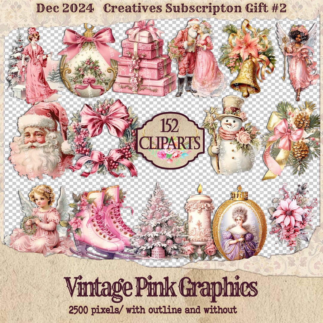 Christmas Pink Clipart, Pink Vintage Winter Graphics, Coquette Png ...
