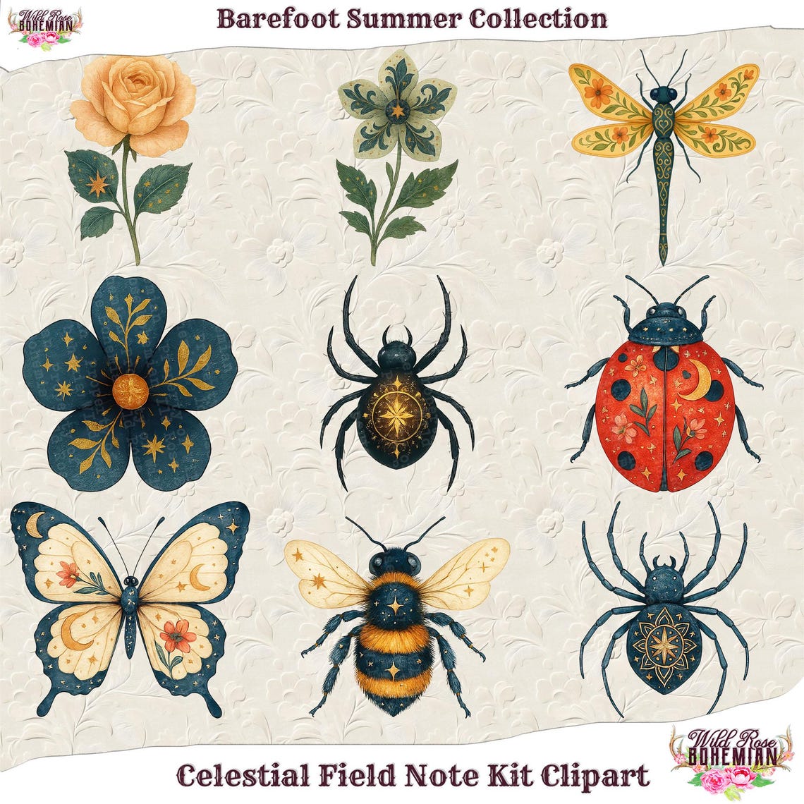 Celestial Insect Clipart: Ladybugs, Bees, Butterflies (PNG, Fussy Cuts ...