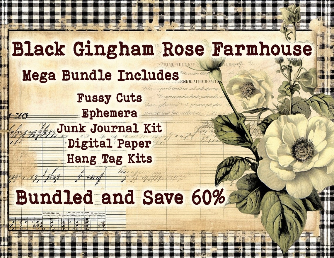 Farmhouse Hang Tags, Tag Kit, Black Gingham and Rose Grungy Poppy Tags ...