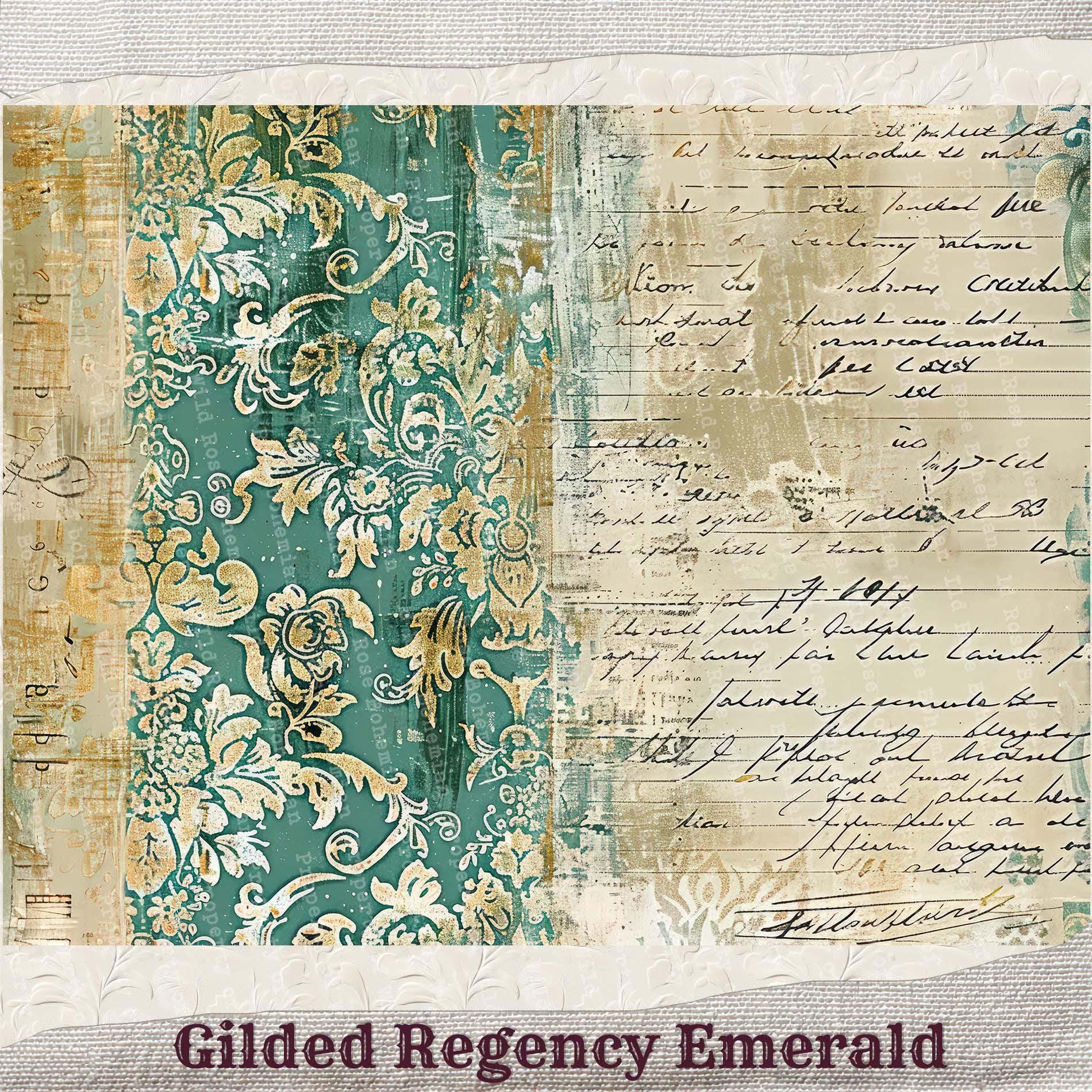 Baroque Floral Scrapbook Paper, Gilded Emerald Green Ornamental Regency ...