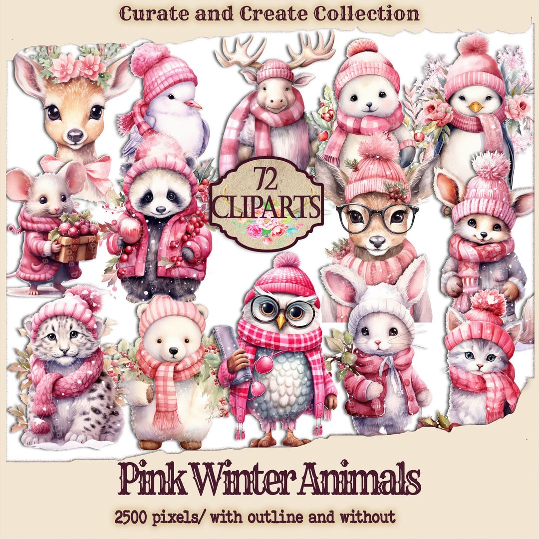 Cute Pink Christmas Animal Clipart | Pink Watercolor Christmas ...