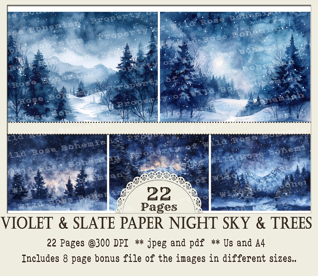 Night Sky and Trees, Journal Paper, Printable Mixed Media Journal ...