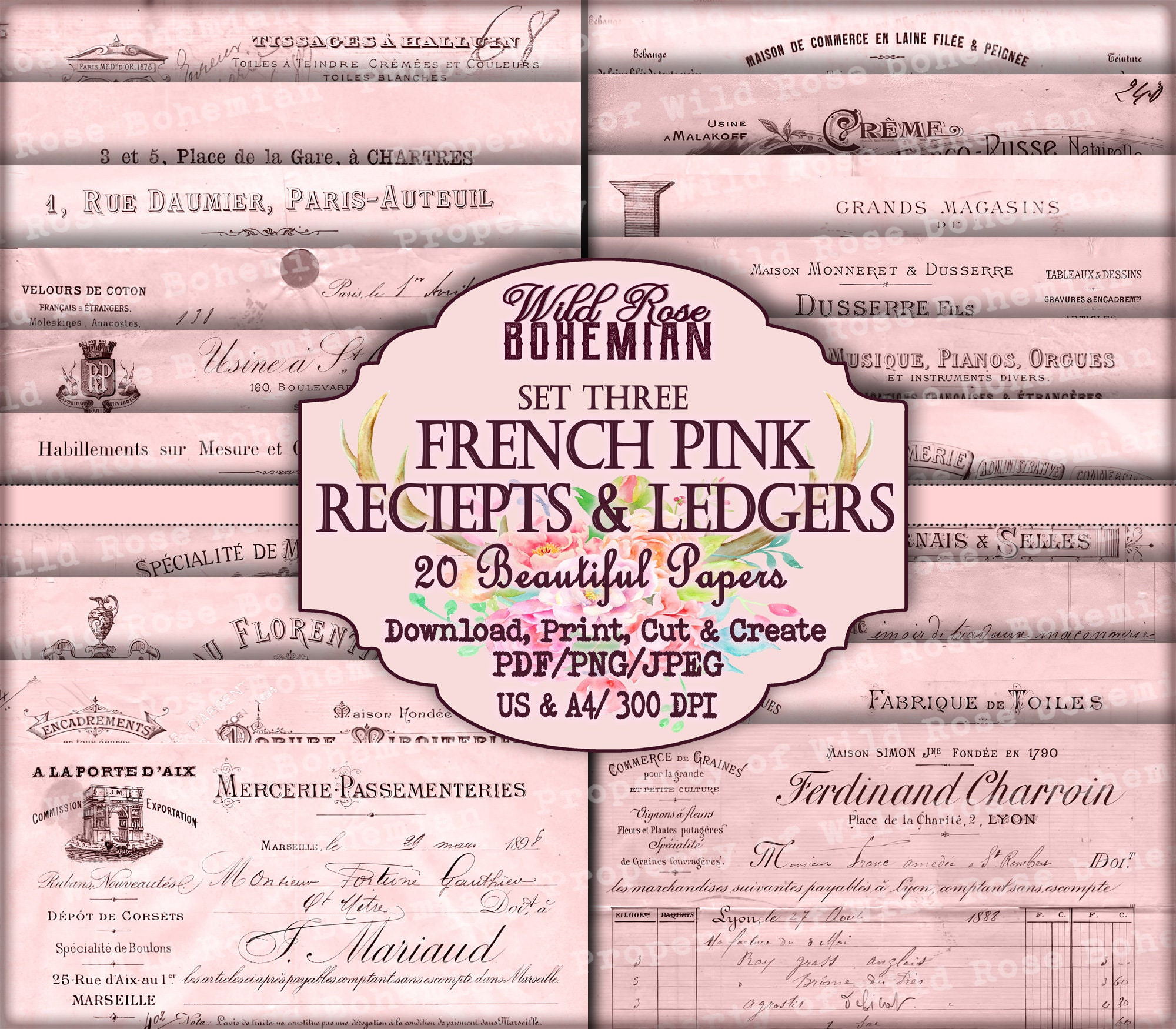 French Invoices Digital Printable, Printable French Ephemera, French ...